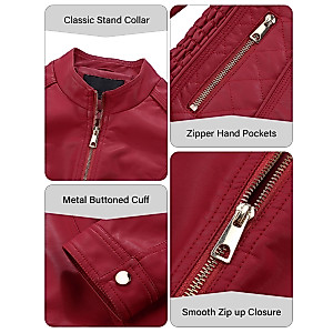 Bellivera Womens Faux Leather Jacket Moto Long Sleeves Coat 36 Red XL