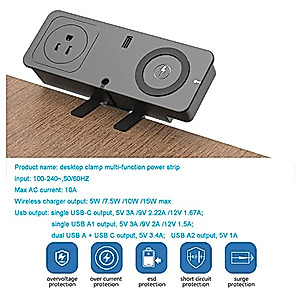 Desk Clamp Power Strip USB C, Desk Mount Power Strip with AC Outlet/2 USB Ports/15W Wireless Charger Station, Desktop Surge Protector PD 20W USB C Fast Charging, Fit 2.16" Tabletop Edge