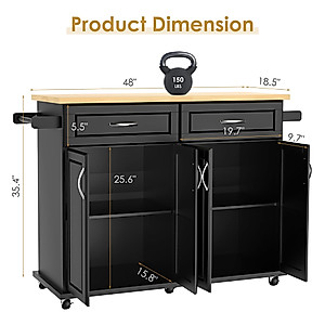 HUEOFGP Kitchen Island Cart with Storage Kitchen Carts on Wheels with Drawer and Cabinet, Wood Countertop, Rolling Island Table for Kitchen (Black)