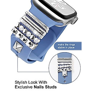 JR.DM 13 Pieces Silver Watch Band Charms with 10-Pcs Decorative Rings Loops & 3-Pcs Classic Clasp, Compatible with Apple Watch 38mm 40mm 41mm 42mm 44mm 45mm Metal Diamond Sliding Strap Accessories for iWatch Series 9 8 7 6 5 4 3 2 1 (No Watch Band)