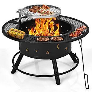 Giantex 2-in-1 Fire Pit with Cooking Grate, 32 Inch Charcoal & Wood Burning Firepit with Swivel Adjustable BBQ Grill & 6.5'' Round Edge Widened Grate, Outdoor Firepit Grill Combo