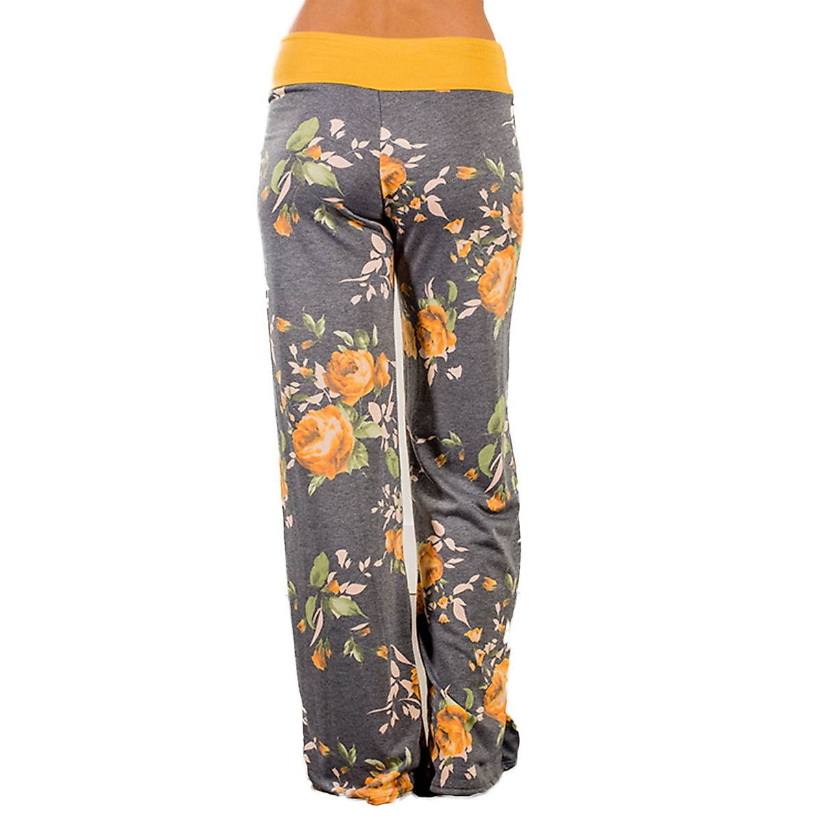 iChunhua Women's Comfy Stretch Floral Print Drawstring Palazzo Wide Leg Lounge Pants(XL,Yellow)