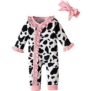 Happidoo Newborn Cow Print Clothes Romper Baby Girl Cow Outfit Jumpsuit (White,0-3 Months)