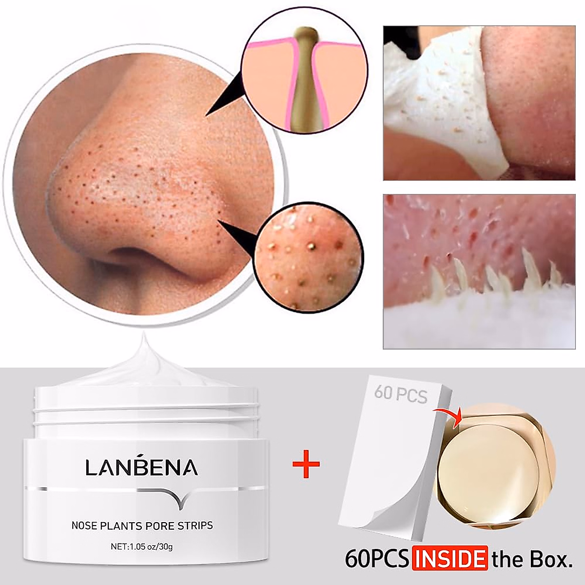 LANBENA Blackhead Remover, Nose Pore Strips for Blackheads, Black Head Remover Mask for Face, Puntos Negros, 30g+60pcs paper