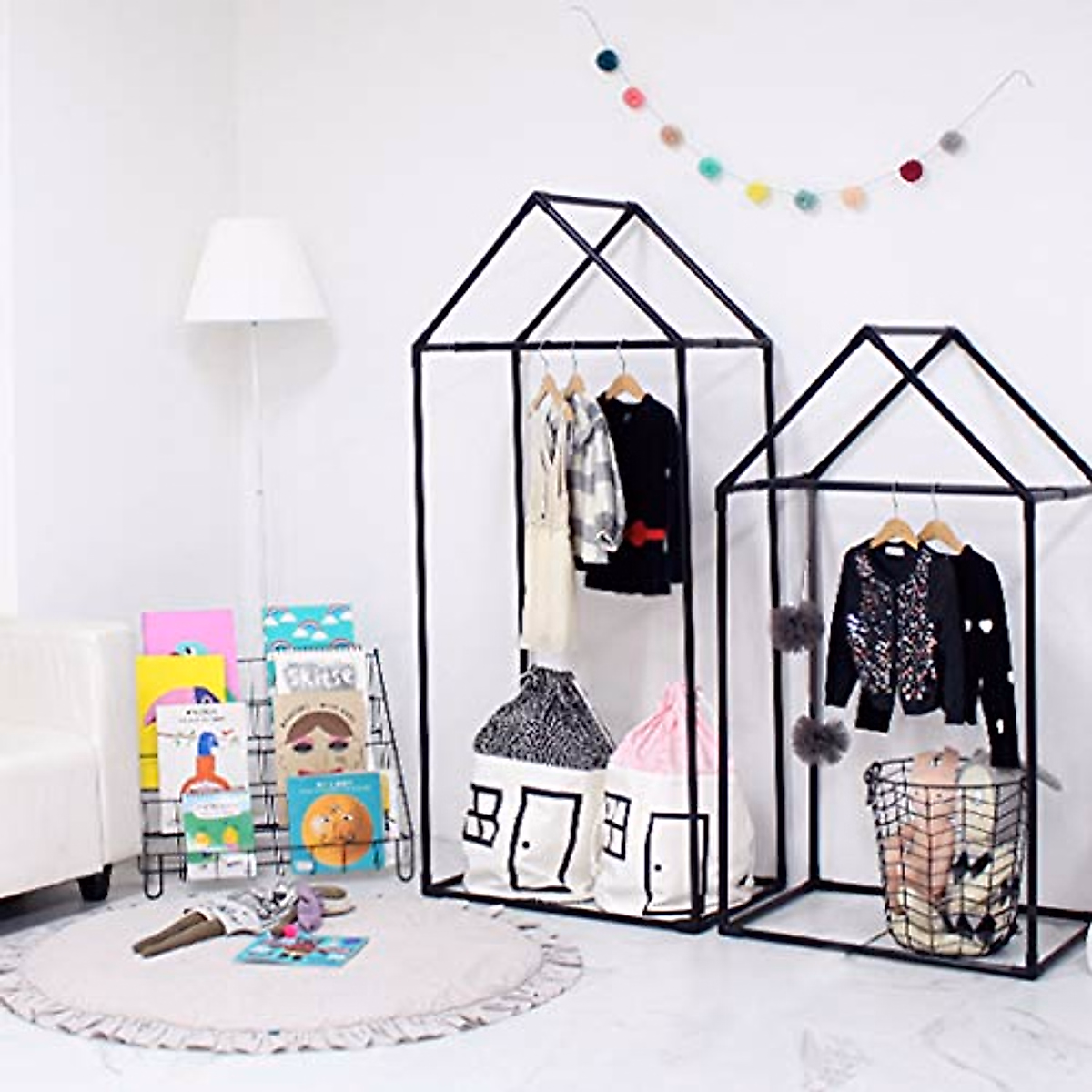 PETITE MAISON Kids Closet - Dress up Clothing Garmet Rack, Hanging Costume Organizer with Cute House Frame, Handmade Premium Quality, 25" x 17" x 59", Aluminium Super-Light, Large Black