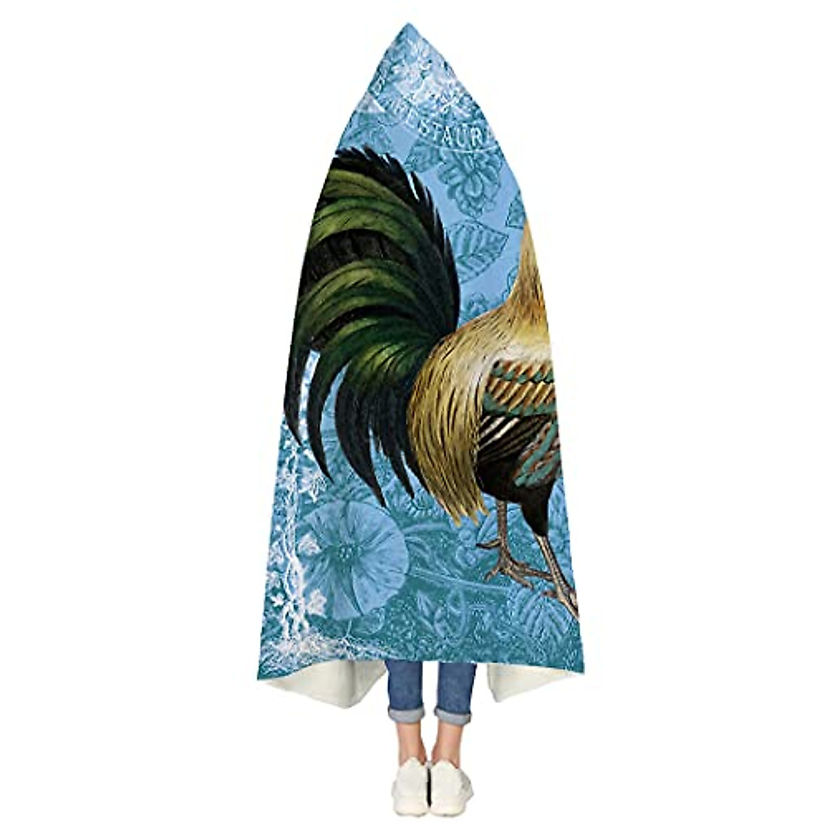ArneCase Wearable Blankets Reversible Warm Cozy Throw Blankets A Rooster on Retro Blue Pattern Lightweight Sherpa Plush Fluffy Blankets with Hooded 59x79In