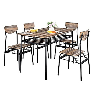 AOCOROE Rectangular Dining Table & Chair Set of 5 w/Storage Space, Dining Room Set w/ 1 Table & 4 Chairs, Table Chair Set w/MDF Tabletop & Iron Frame, for Dining Room, Bistro, Home Bar, Kitchen