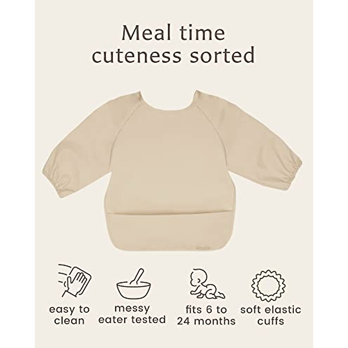 WILLOW + SIM Long Sleeve Baby Bibs - Wipe Clean, Washable with Food Catcher - Long Sleeve Bib for Babies, Toddler - Parchment