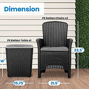 SereneLife 3 Pieces Outdoor Wicker Patio Furniture Modern Rattan Chair Conversation Sets with Coffee Table for Yard and Bistro (Off Black)