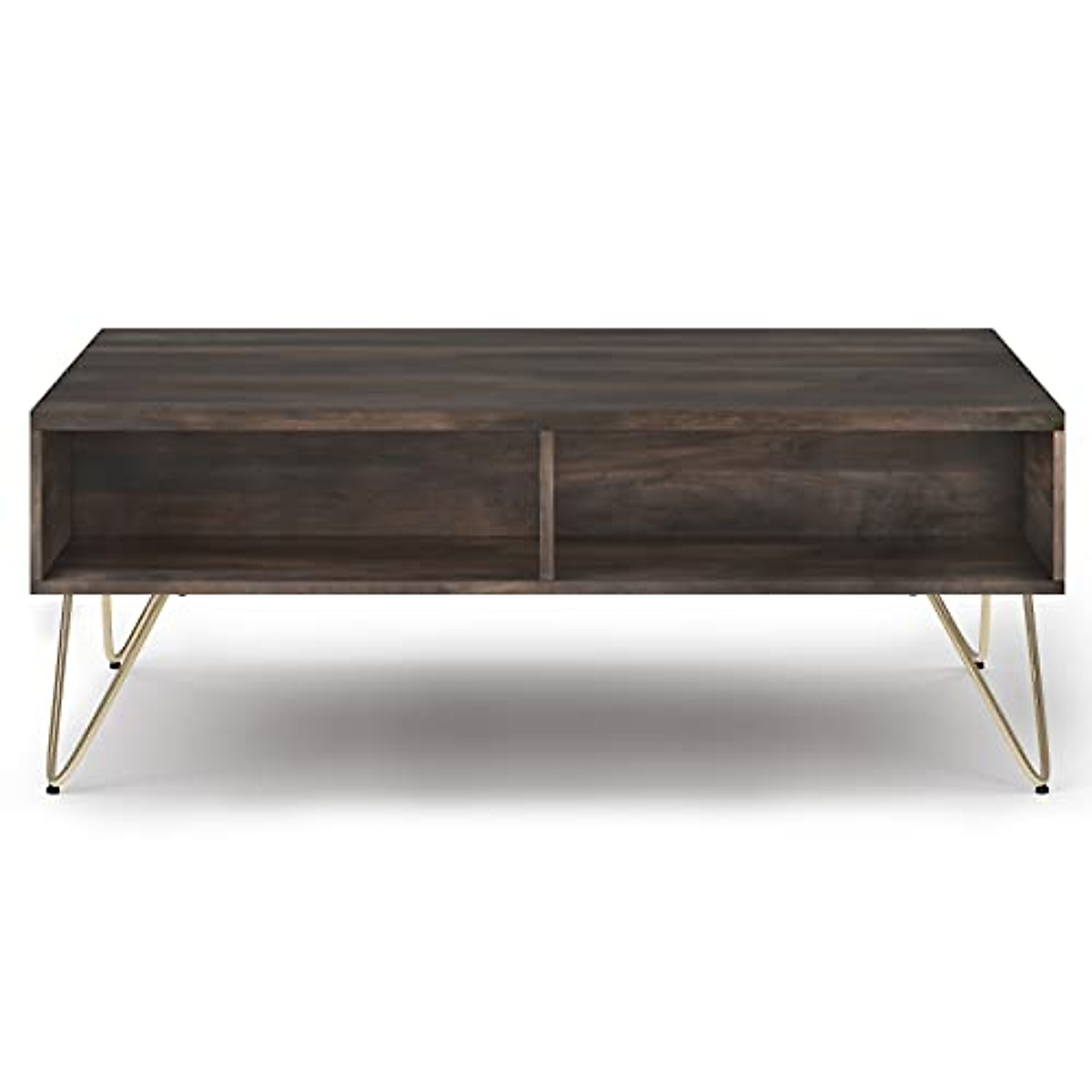 SIMPLIHOME Hunter SOLID MANGO WOOD and Metal 48 Inch Wide Rectangle Industrial Lift Top Coffee Table in Ebony, For the Living Room and Family Room