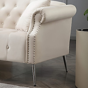 FIQHOME, 78.7" Classic Chesterfield Velvet Sofa Contemporary Upholstered Couch with Button Tufted and Rolled Arms, 2 Pillows Included, 3 Seater, Beige