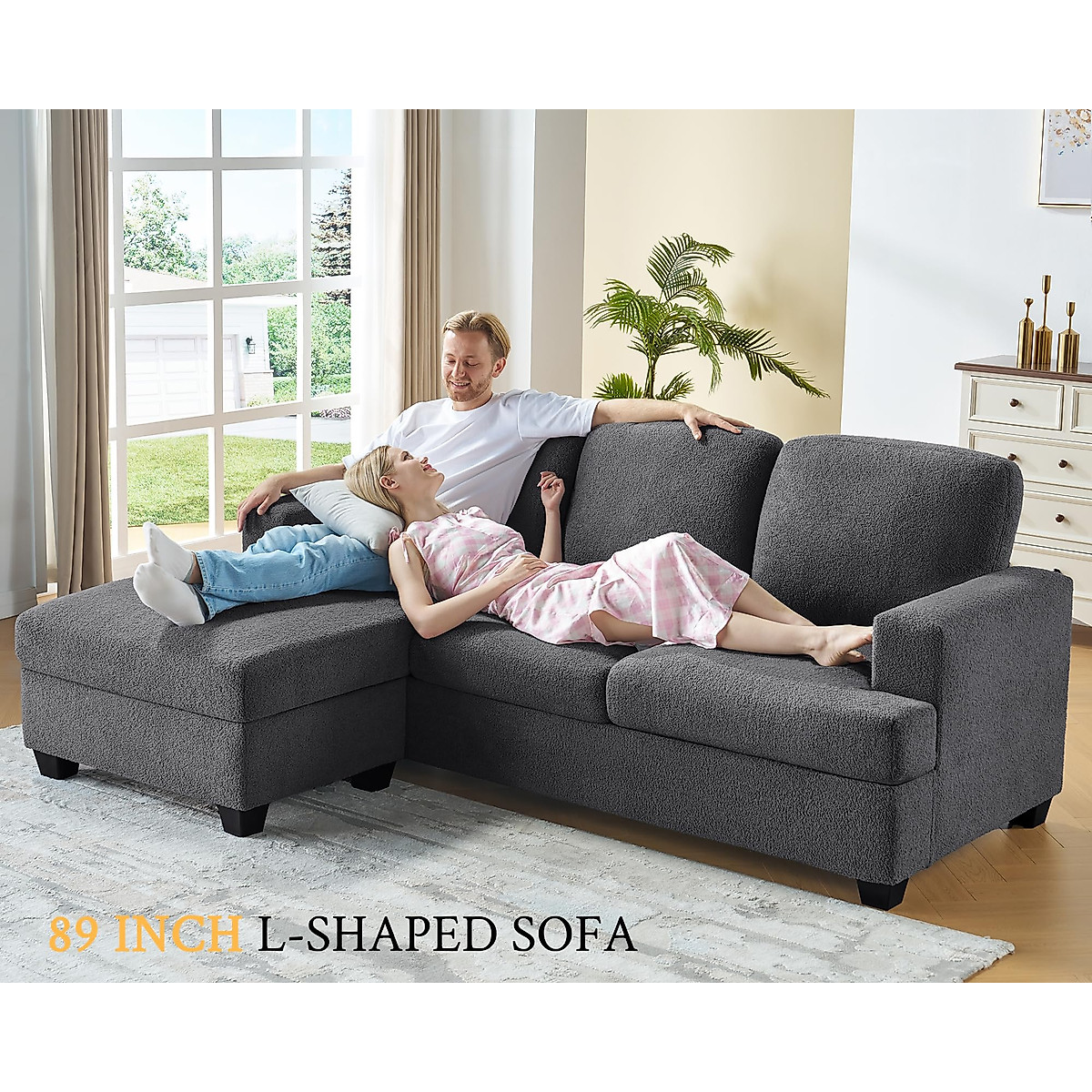 VanAcc 89 Inch Convertible Sofa with Storage, Reversible L Shape Sofa Couch with Chaise, Comfy Couches for Living Room, Grey Bouclé