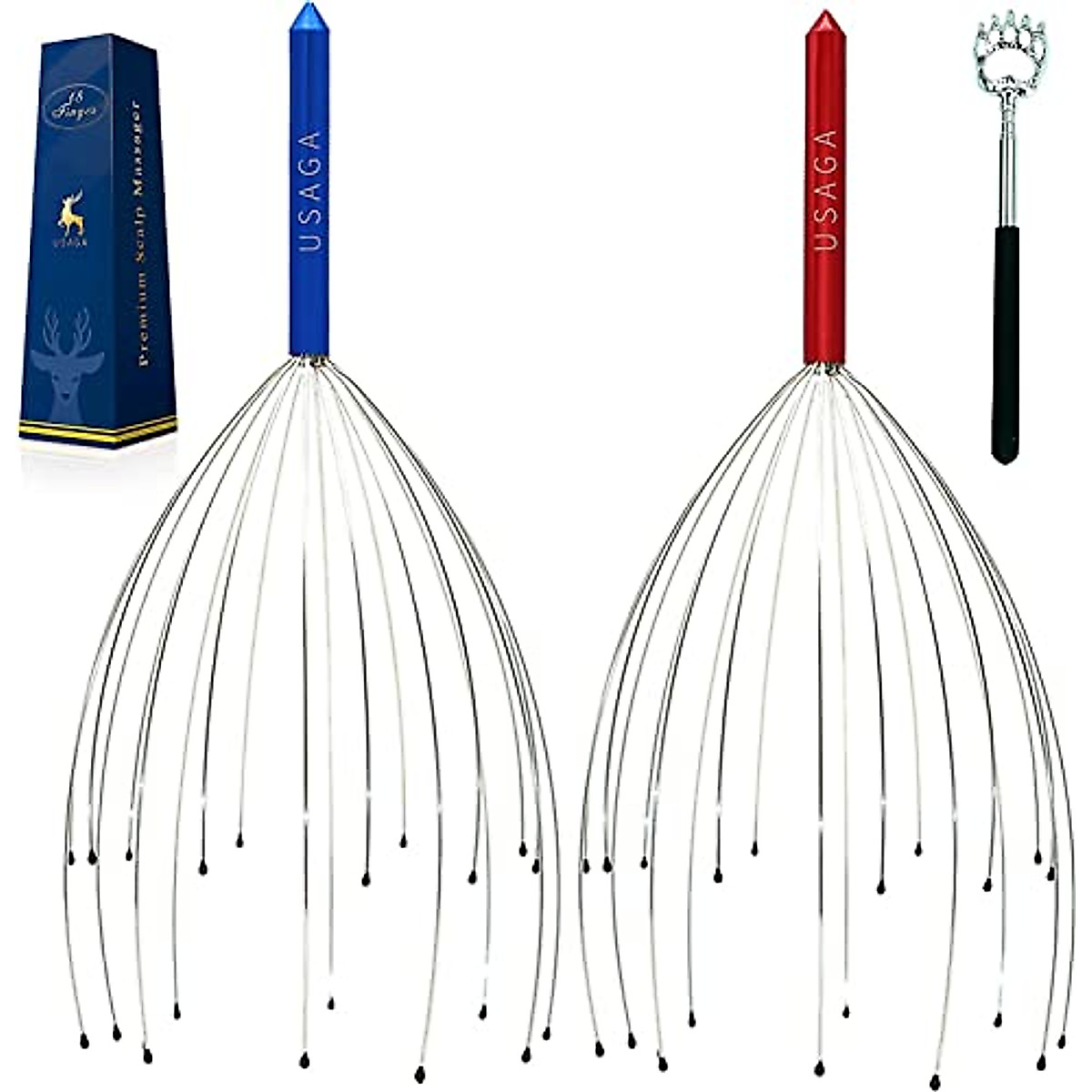 USAGA Head Scratcher, 20 Finger Head Massager, Scalp Massager, Head Whisk Massager for Head Body Stress Relax [2-Pack] Updated Version