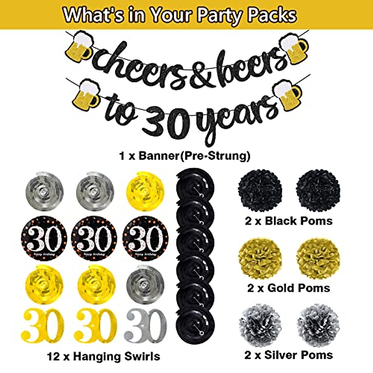 30th Birthday Decorations Kit for Men Women, Cheers to 30 Years Banner with Pom Poms Flowers, 30th Sparkling Hanging Swirl Decorations for 30th Birthday Wedding Party Supplies Decorations