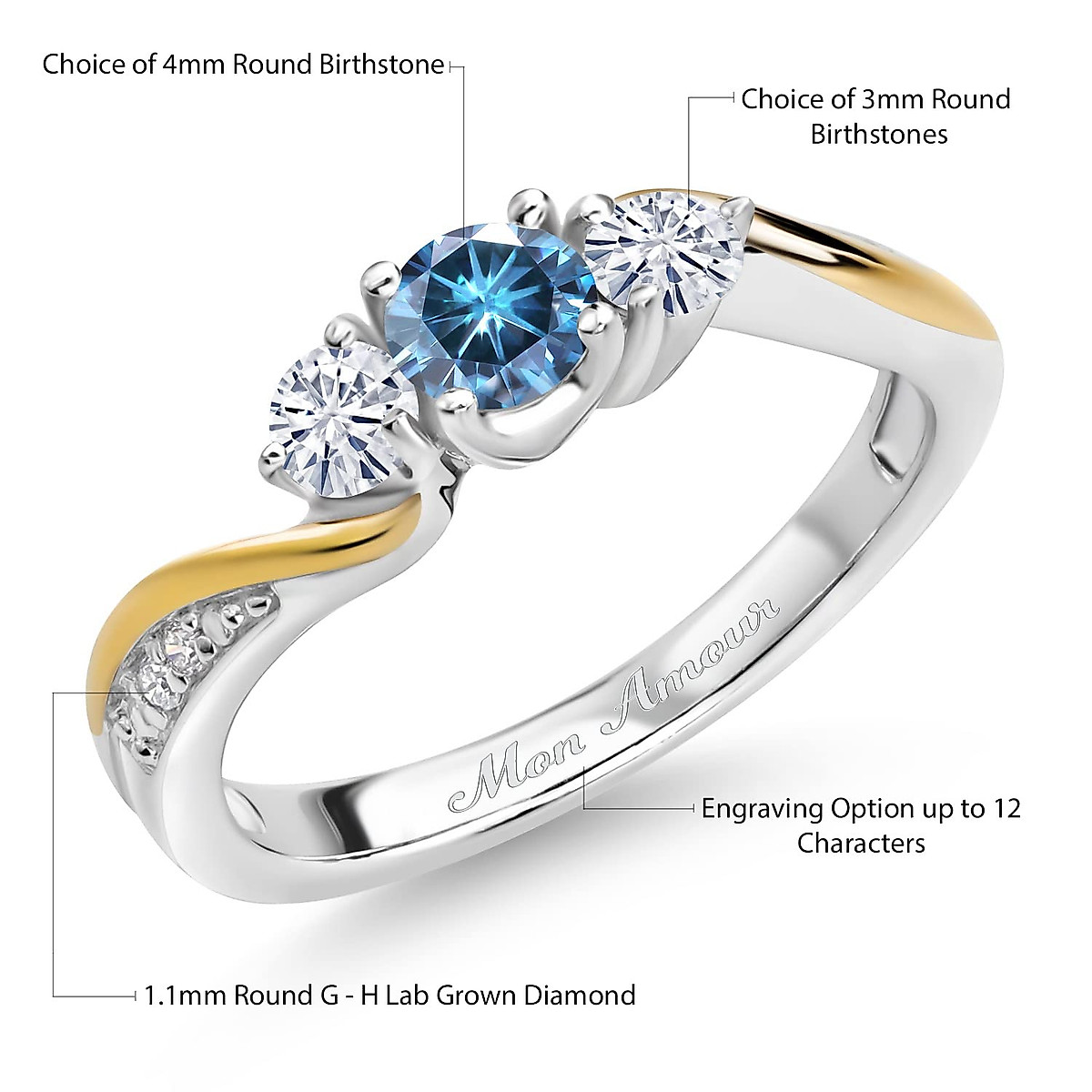 Gem Stone King 925 Sterling Silver and 10K Yellow Gold Customized and Personalized 4MM and 3MM Round Gemstone Birthstone and White Lab Grown Diamond 3 Stone Engagement Ring For Women (Size 9)