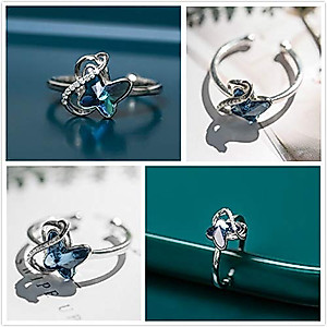 AOBOCO Infinity Butterfly Ring Sterling Silver Women Ring with Crystals from Austria, Fine Anniversary Birthday Butterfly Jewelry Gifts for Her(Blue)