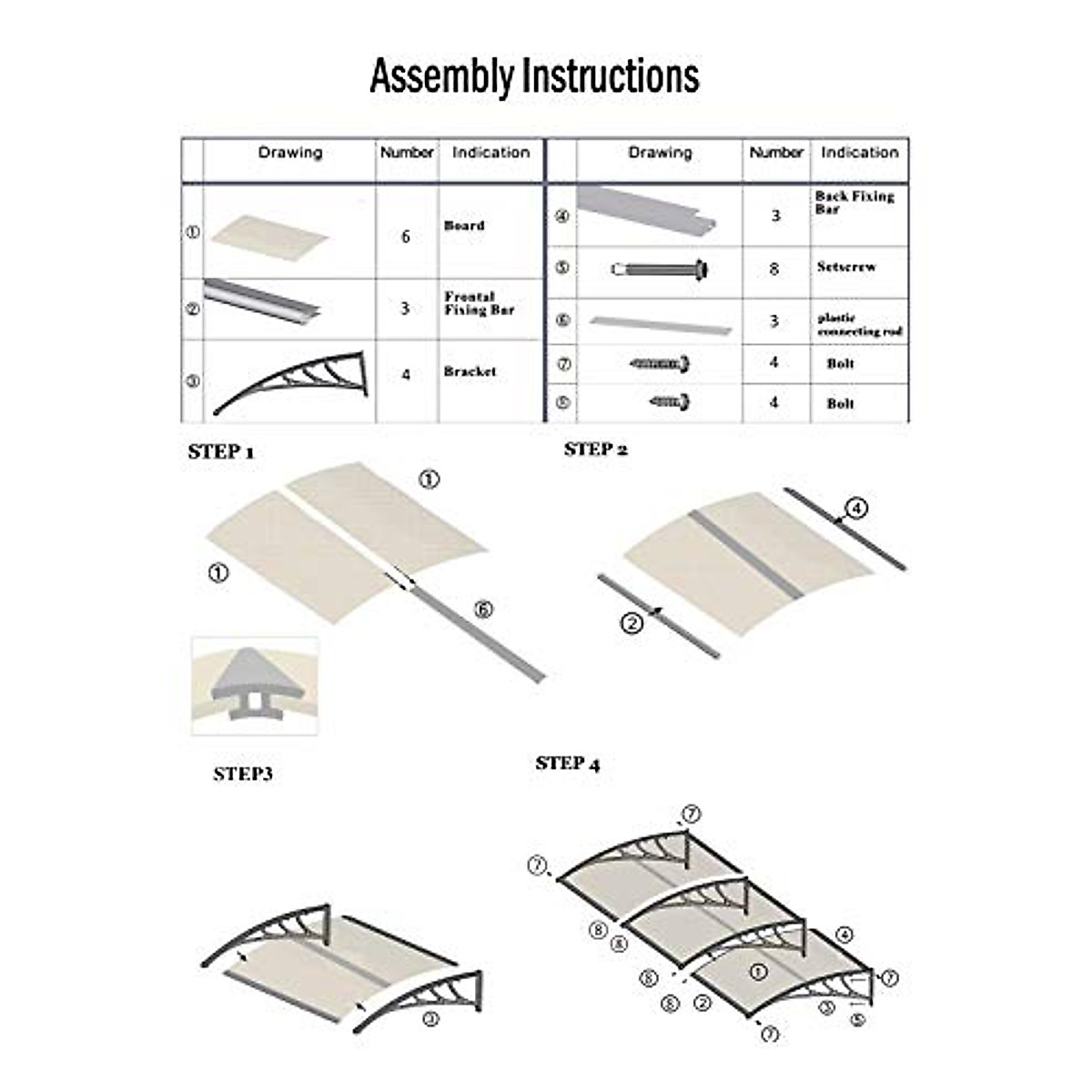 MCombo 38 inch x 116 inch Window Awning Outdoor Polycarbonate Door Shade Patio Cover Canopy, 6055-4012 (Pure White Bracket +Clear Hollow Sheet)