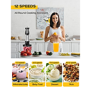Handor 6-in-1 Hand Immersion Blender, 1000W 12 Speed Handheld Blender with 600ml Beaker, 500ml Chopper, Egg Whisk, Milk Frother, Stainless Steel Blades for Soup, Smoothie, Puree