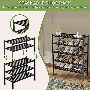 ROMGUAR CRAFT 3 Tier Bamboo Shoe Rack for Closet Free Standing Wood Shoe Shelf for Entryway Small Space Stackable 27"x11"x20" (Black)