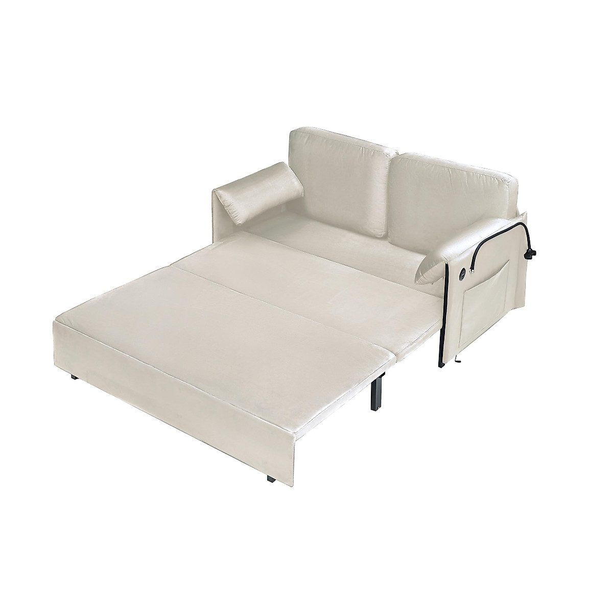 VITOVMA Queen Size Sofa Bed, 63'' Large Velvet Sleeper Loveseat with USB Ports & Phone Holder, Upholstered Sleeper Sofa Couch with Pullout Bed, Carbon Steel Frame, Pillow-top Armrest (Beige)