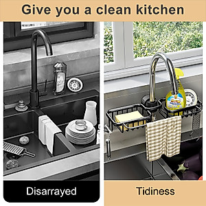 UOWGA Faucet Holder Kitchen Bathroom Faucet Holder Faucet Sponge Holder Kitchen Sink Box Space Aluminum Removable Faucet Holder Double Sink with Hooks (Black)