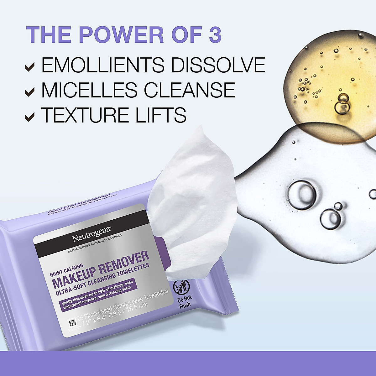 Neutrogena Makeup Remover Night Calming Cleansing Towelettes, Disposable Nighttime Face Wipes to Remove Dirt, Oil & Makeup, 25 ct