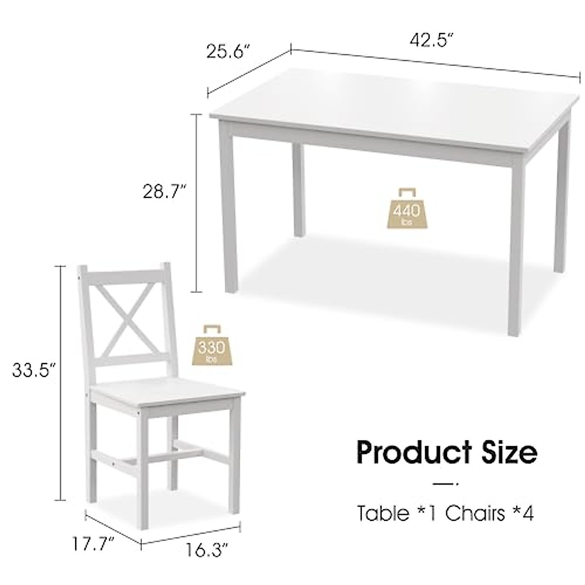 Alohappy Dining Table Set for 4, 5 Piece Kitchen Table Set with 4 Chairs Pine Wood Dining Table Rectangle Breakfast Table and Chairs for Small Space, Space-Saving & Easy Assembly (White)