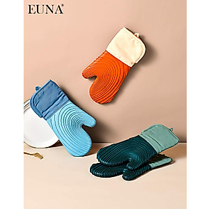 EUNA Silicone Oven Mitts, Heat Resistant Oven Mitts and Pot Holders Sets, Non-Slip Kitchen Mittens with Mini Oven Gloves and Hot Pads, Perfect for Baking Cooking, Quilted Liner, Gift Box, Blue & Azure