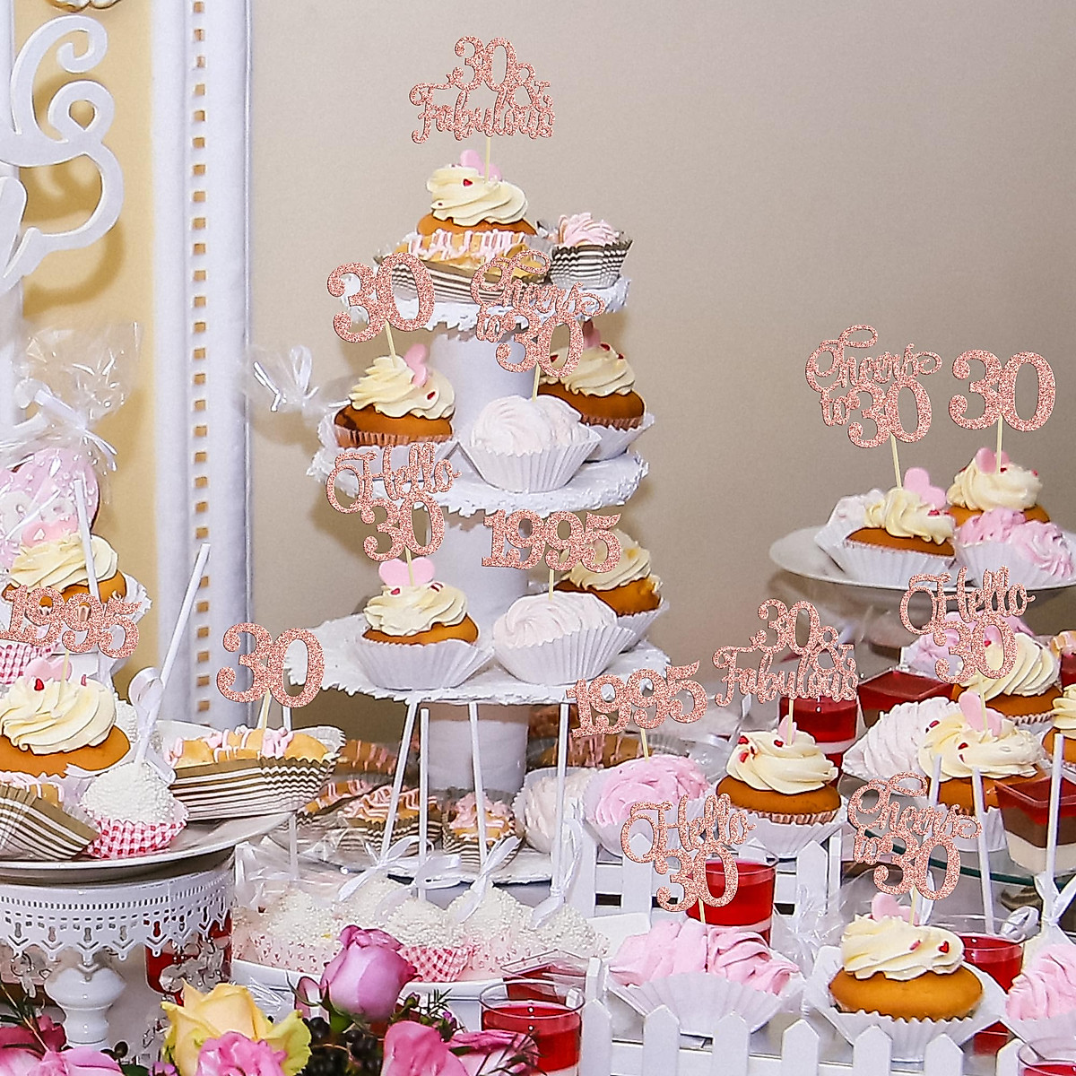 Gyufise 30Pcs 30th Birthday Cupcake Toppers Glitter Hello 30 Cupcake Topper Cheers to 30 1995 Thirty Cupcake Picks for Happy 30th Birthday Anniversary Party Cake Decorations Rose Gold