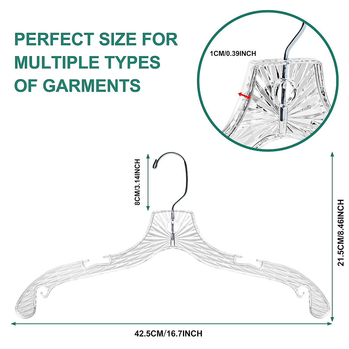 Quality Hangers 24 Pack Clear Plastic Hangers with Super Easy 360 Degree Swivel Hook – Shirt Hangers with Precision Notches for Secure Hanging – Slim Crystal Coat Hangers – 17 Inches (24, 17")