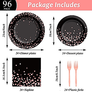 96PCS Black and Rose Gold Party Supplies Rose Gold Paper Plates Napkins Women Birthday Decorations Party Tableware Set Black Disposable Paper Plates Table Decors for Wedding Bridal Shower Serve 24