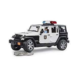 Bruder Toys - Emergency Realistic Jeep Wrangler Unlimited Rubicon Police Vehicle with Light Skintoned Policeman and Light and Sound Module with 4 Different Sounds - Ages 4+