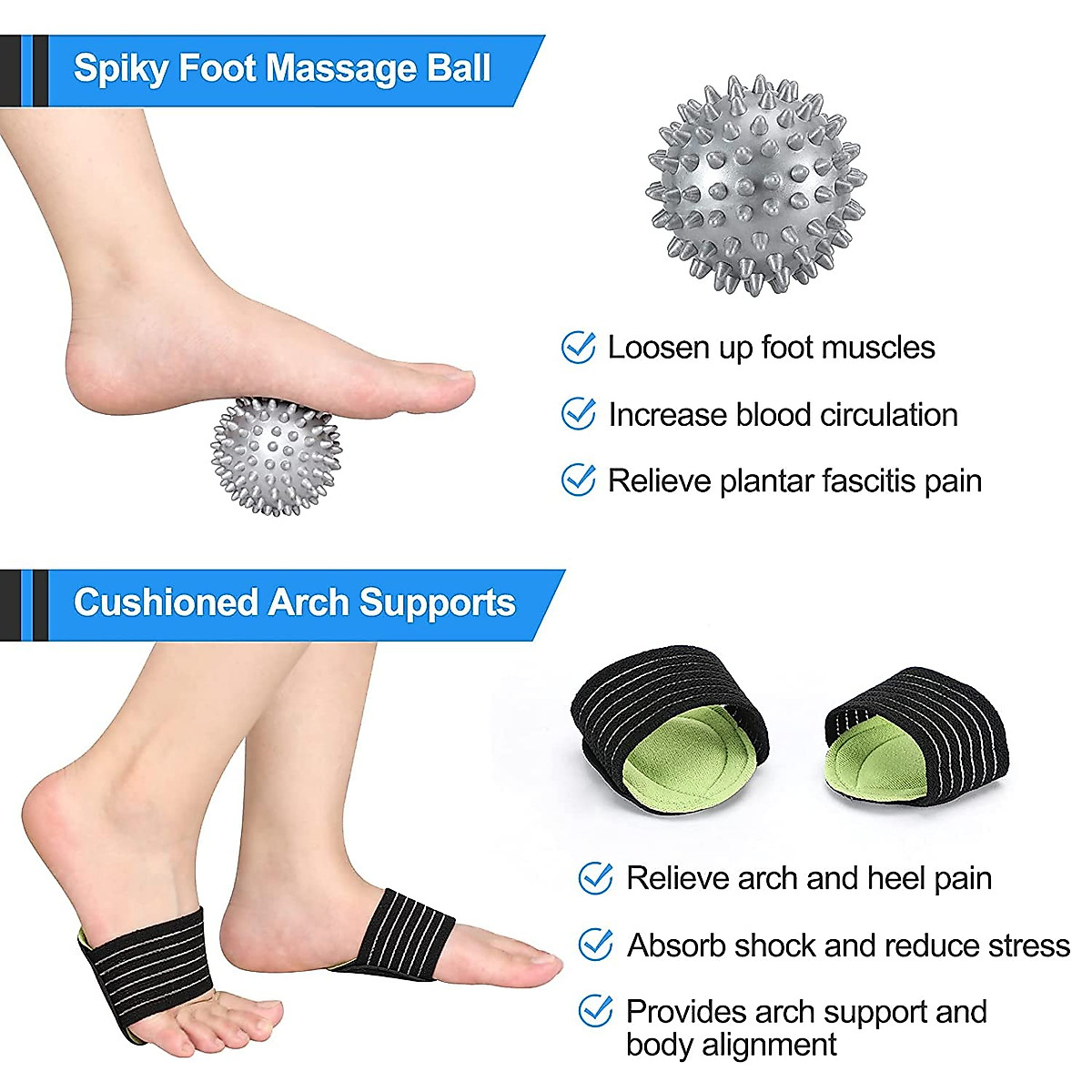 Plantar Fasciitis Night Splint, Adjustable Ankle Brace Foot Drop Orthotic Brace with Hard Spiky Massage Ball Arch Brace Pads, Foot Support Night Splint for Achilles Tendonitis Arch Foot Pain (Black)