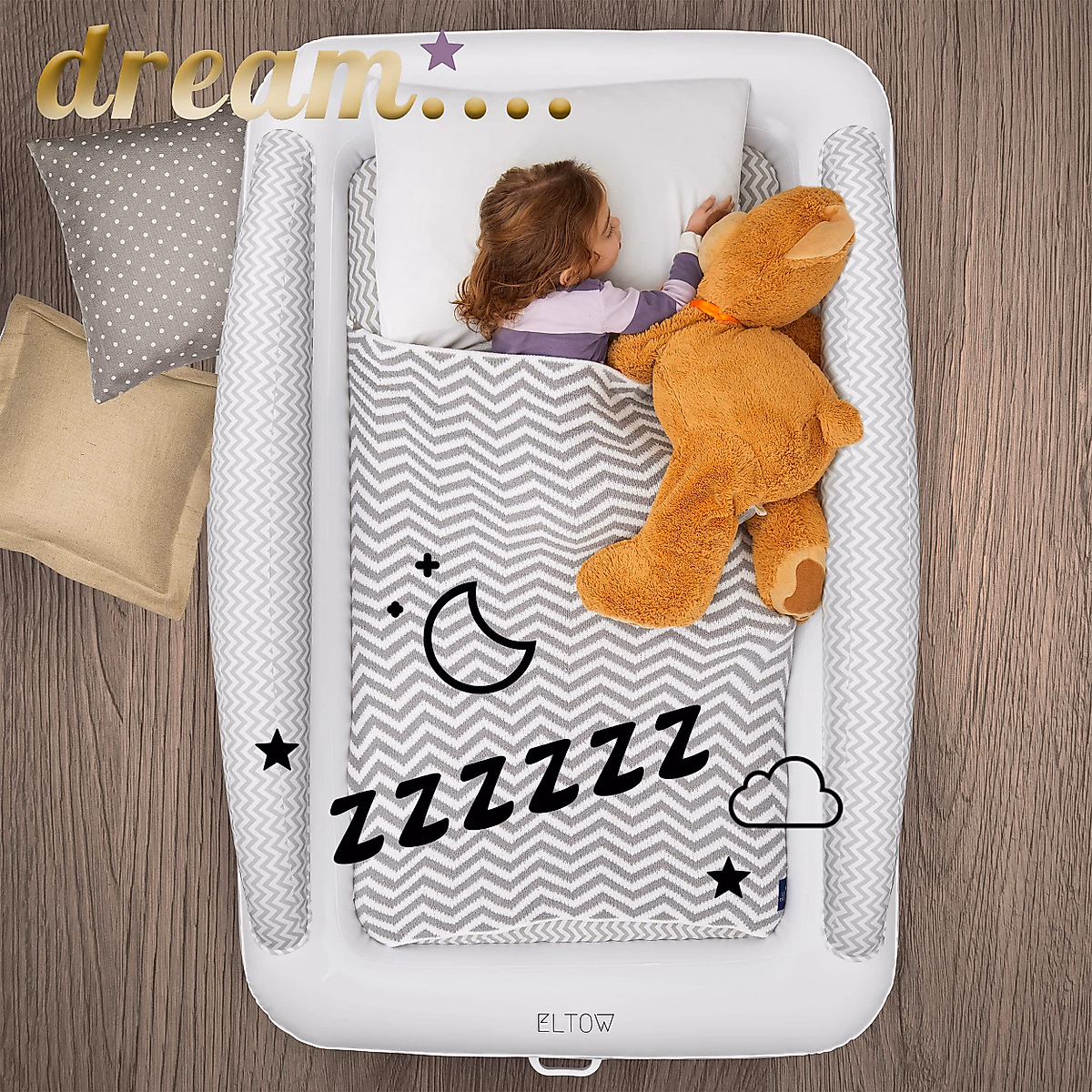 ELTOW Inflatable Toddler Travel Bed with Safety Bumpers, Portable Toddler Bed for Travel & Camping, Complete Kids Air Mattress Set, Toddler Blow Up Mattress with Sides, High Speed Pump, Carry Bag