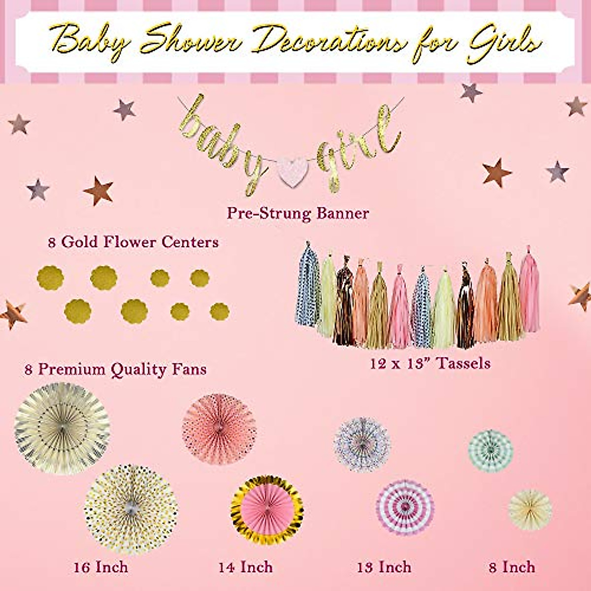 YARA Baby Shower Decorations For Girl Pink and Gold Party Decor Baby Girl Garland Banner Decoration & Supplies Rustic Rose Gold Boho Theme Paper Fans & Tassels For It’s A Girl Floral Princess Sprinkle