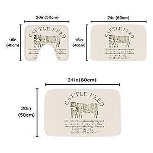 Kntiline Farmhouse Abstract Animal Cattle Feed Cow Rustic Custom Bathroom Rugs and Mats Sets 3 Piece, Memory Foam Bath Mat 20 x 31 in, U-Shaped Contour Shower Mat Non Slip Absorbent