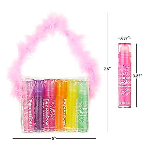 Expressions 12pc Roll On Lip Gloss Set w/Maribou Handle Carrying Case, Lip Makeup for Kids and Teens - Assorted Fruity Flavors, Non Toxic, Kid Friendly, Party Gift, Best Friends