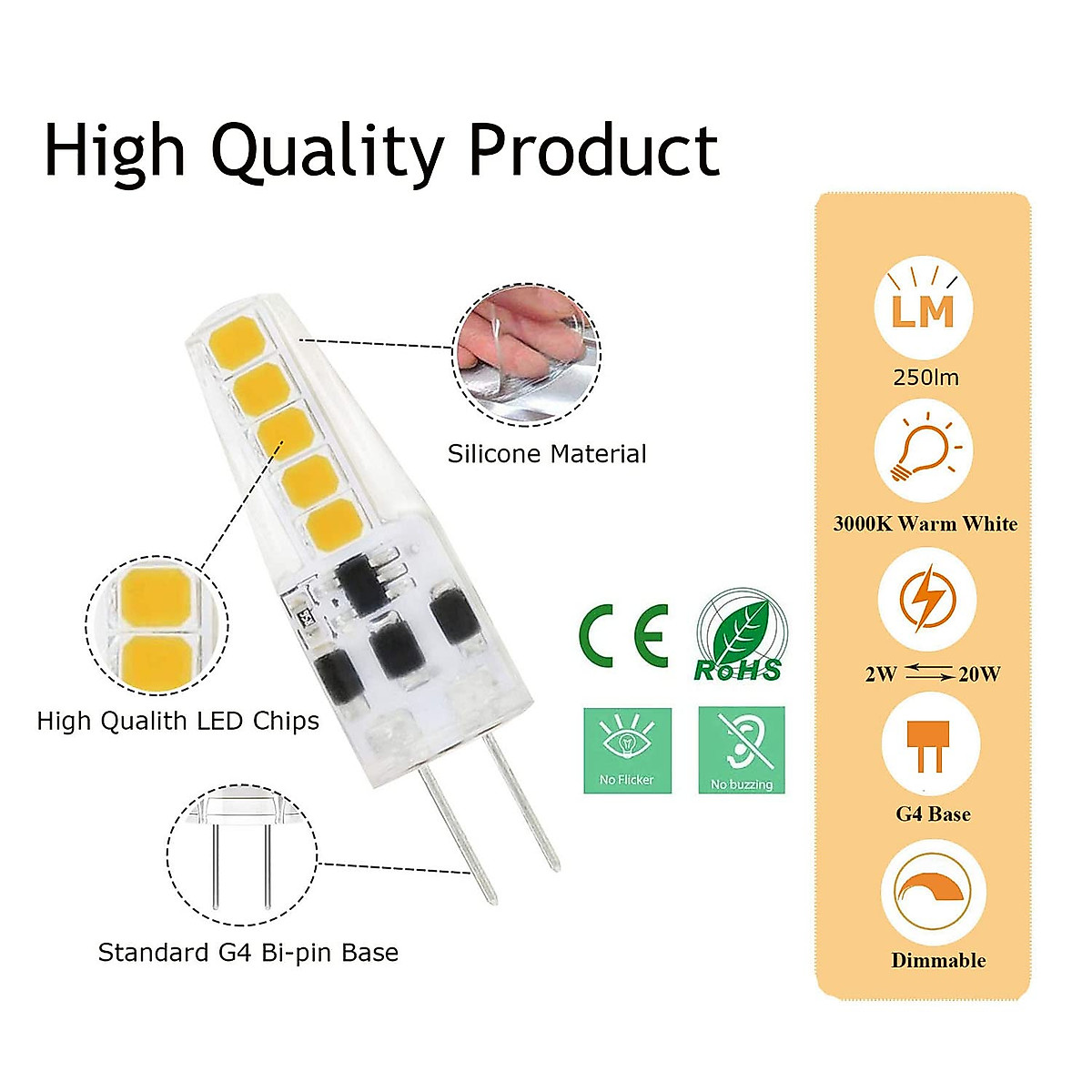 Lamsky G4 LED Bulb, 2W, 20W Halogen Replacement, 3000K Warm White, 10-Pack, Dimmable, Dustproof, Shockproof