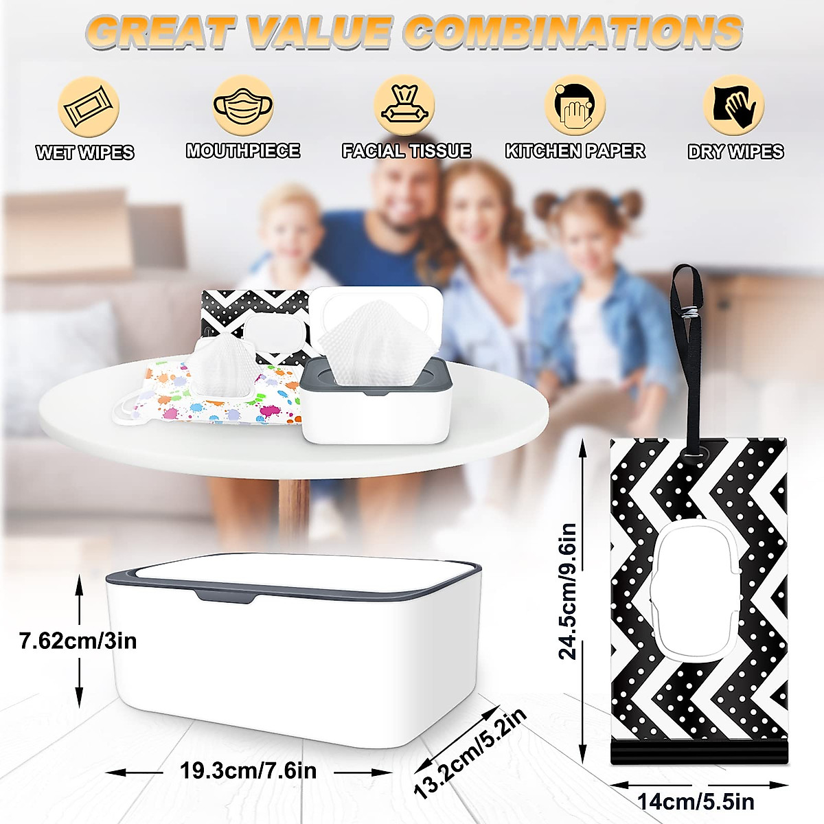 Baby Wipes Dispenser, Wipe Holder with 2 Pcs Portable Travel Wipes Container, Refillable Diaper Wipes Pouch with Lids and Sealing Design, Flushable Bathroom Storage Case Box