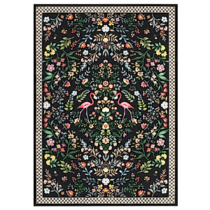 Area Rug Living Room Rugs: 5X7 Washable Large Floral Low Pile Rug Non Slip Backing Indoor Floor Throw Carpet for Bedroom Kitchen Dining Room Playroom Office, Black