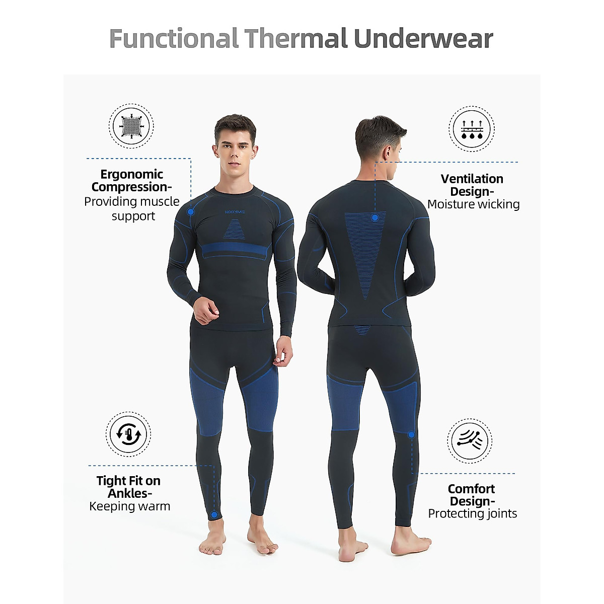 Thermal Underwear for Men Long Johns for Men, Long Underwear Mens Base Layer Men for Cold Weather Black-Blue