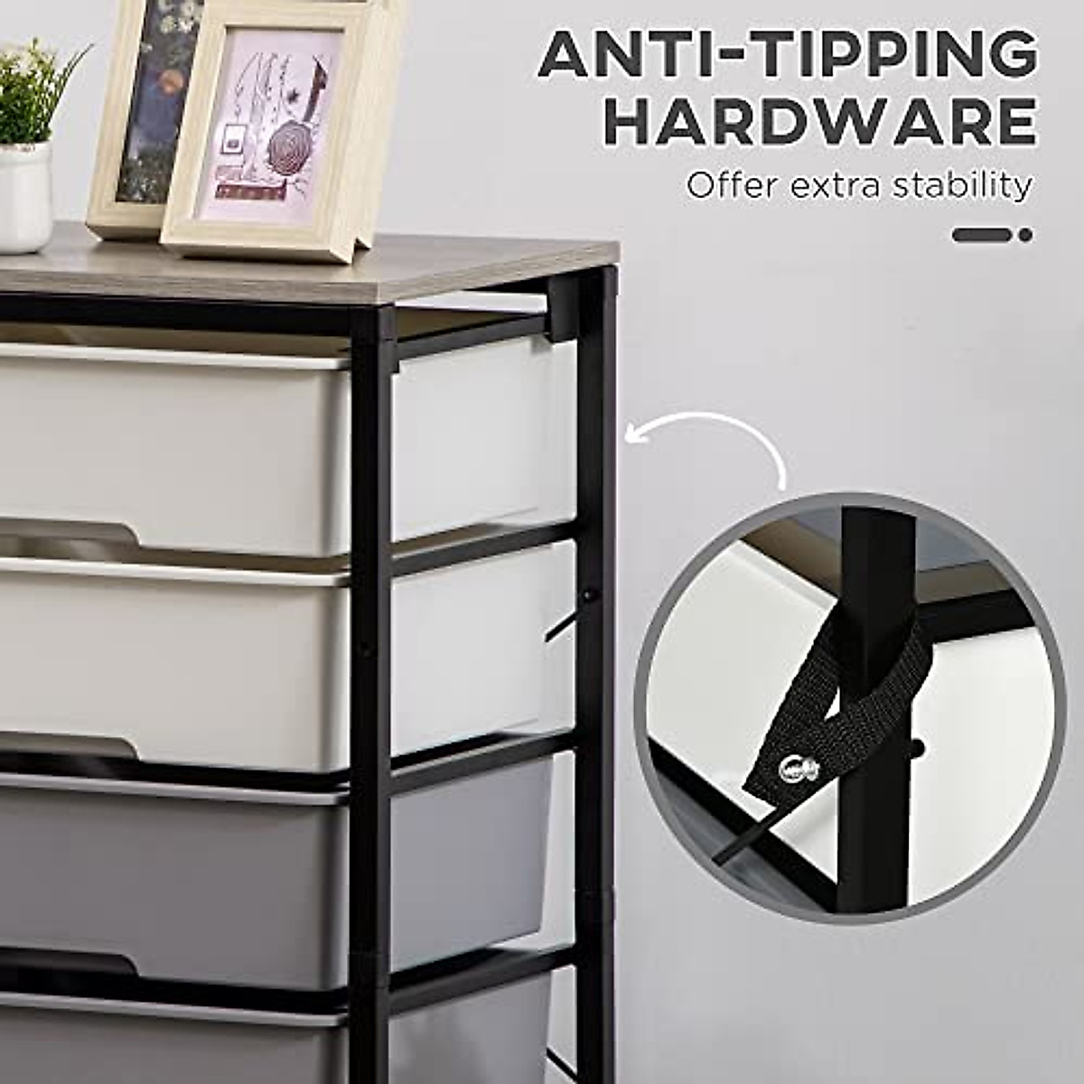 HOMCOM Dresser Storage Drawers with 6 Plastic Bins and Steel Frame, Crafting Bins for Living Room, Bedroom, Grey