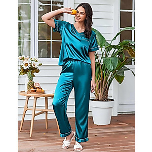 Ekouaer Womens Silky Pajamas Set Satin Pj Set Short Sleeve Top and Long Pant Pajama Set Two Piece Sleep Set Silky Sleepwear Nightwear Blue
