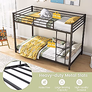 Giantex Metal Bunk Bed Twin Over Twin, Low Profile Bunk Bed Frame with Ladder & Full Length Guardrail, Space-Saving Twin Size Bed Frame for Kids Teens, No Box Spring Needed, Black