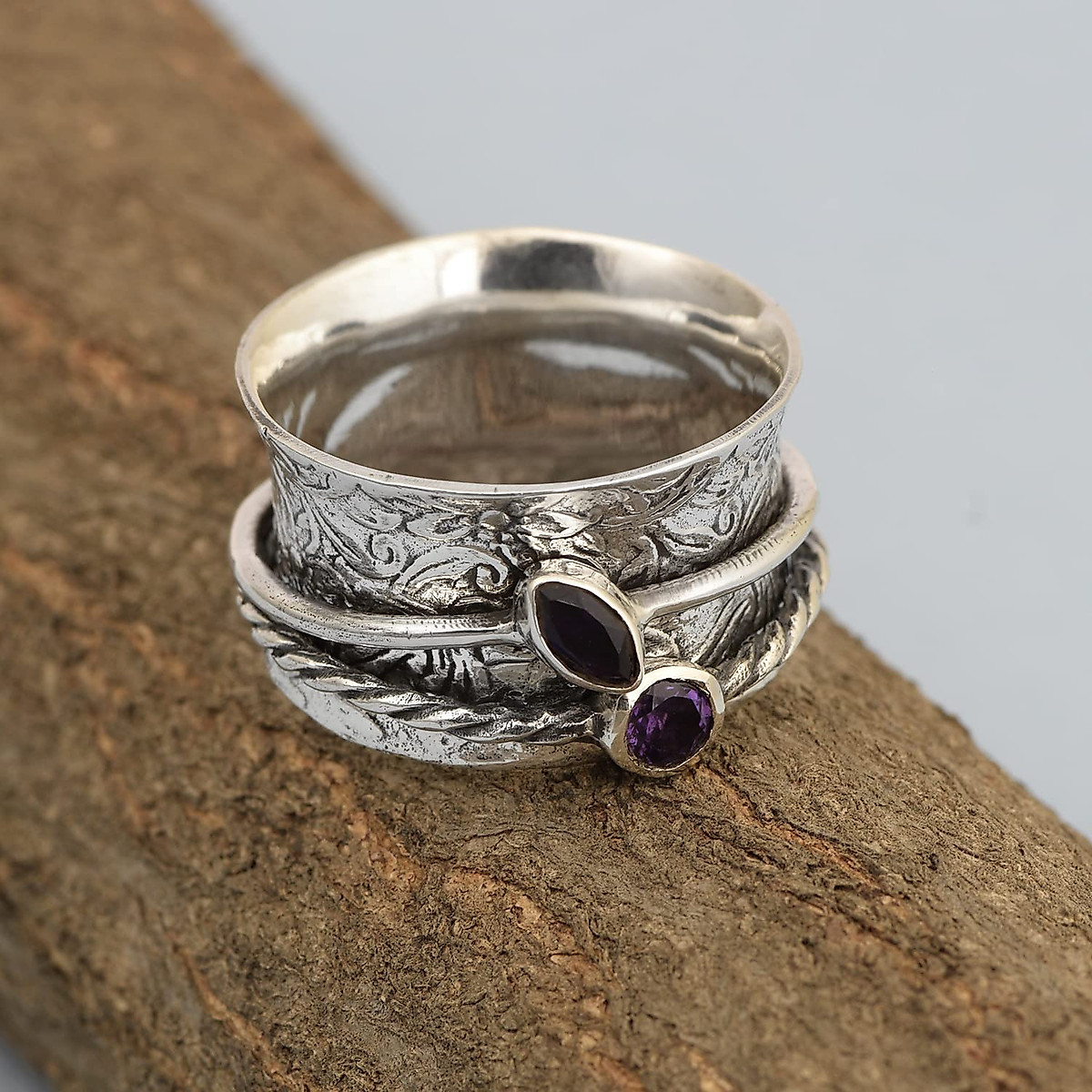 Shine Jewel Spinner Ring with Gemstones 925 Sterling Silver Fidget Band Meditation Ring for Men Women Anxiety Stress Relieving (Purple Amethyst, 8)