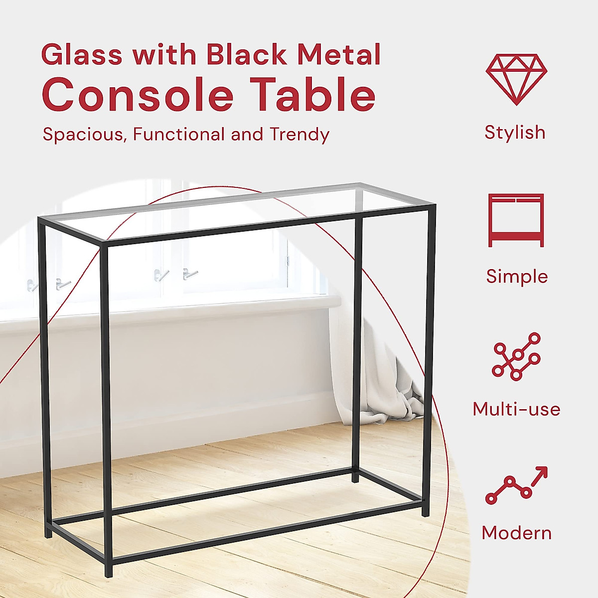 Safdie & Co. - Metal Console Table with Glass, Black Console Tables for Entryway, Use As Doorway Table, Narrow Bar Table, or Accent Furniture for Decorating Foyer, 12 x 28 x 31 Inches