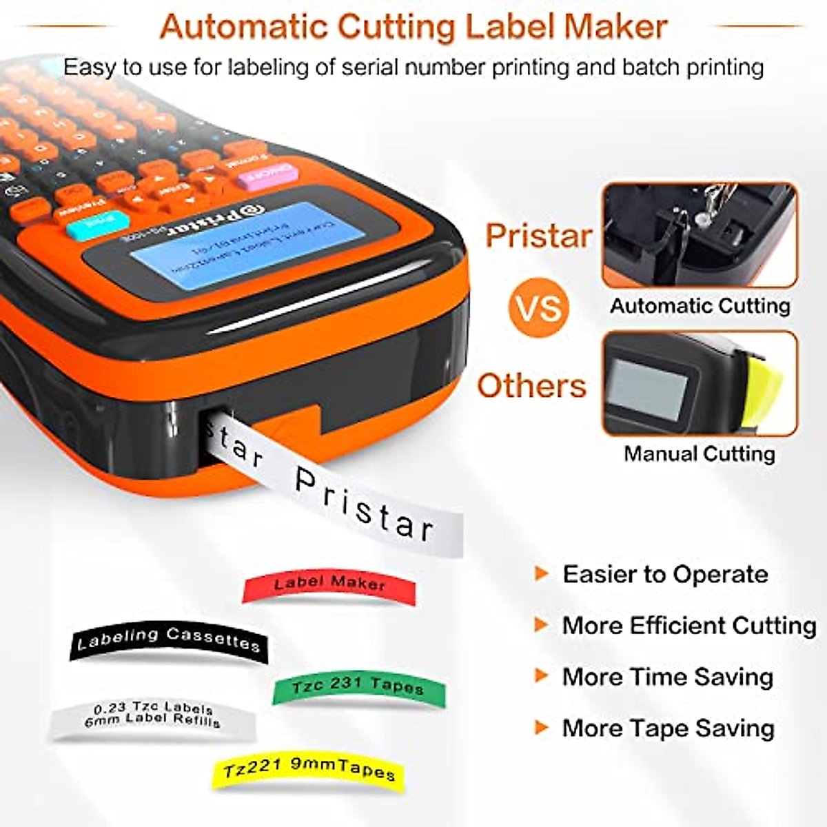 Pristar PS100E Label Maker with 7 Tapes 12mm 0.47 Laminated White, Handheld Labeler with Keyboard, Easy to Use for Tze 3.5-12mm Tapes, Multiple Line Labeling, Home Office Industrial Label Machine