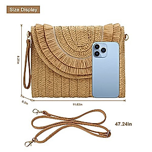 Straw Shoulder Bag for Women Hand-woven Woven Purse Crossbody Summer Beach Envelope Clutch Purse Wallet (Raffia fringed khaki)