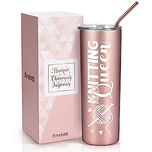 Onebttl Knitting Gifts for Women, Crochet Lovers - Knitting Queen - 20oz/590ml Stainless Steel Insulated Tumbler with Straw & Lid, Crochet Gift for Birthday, Christmas (Rose gold)
