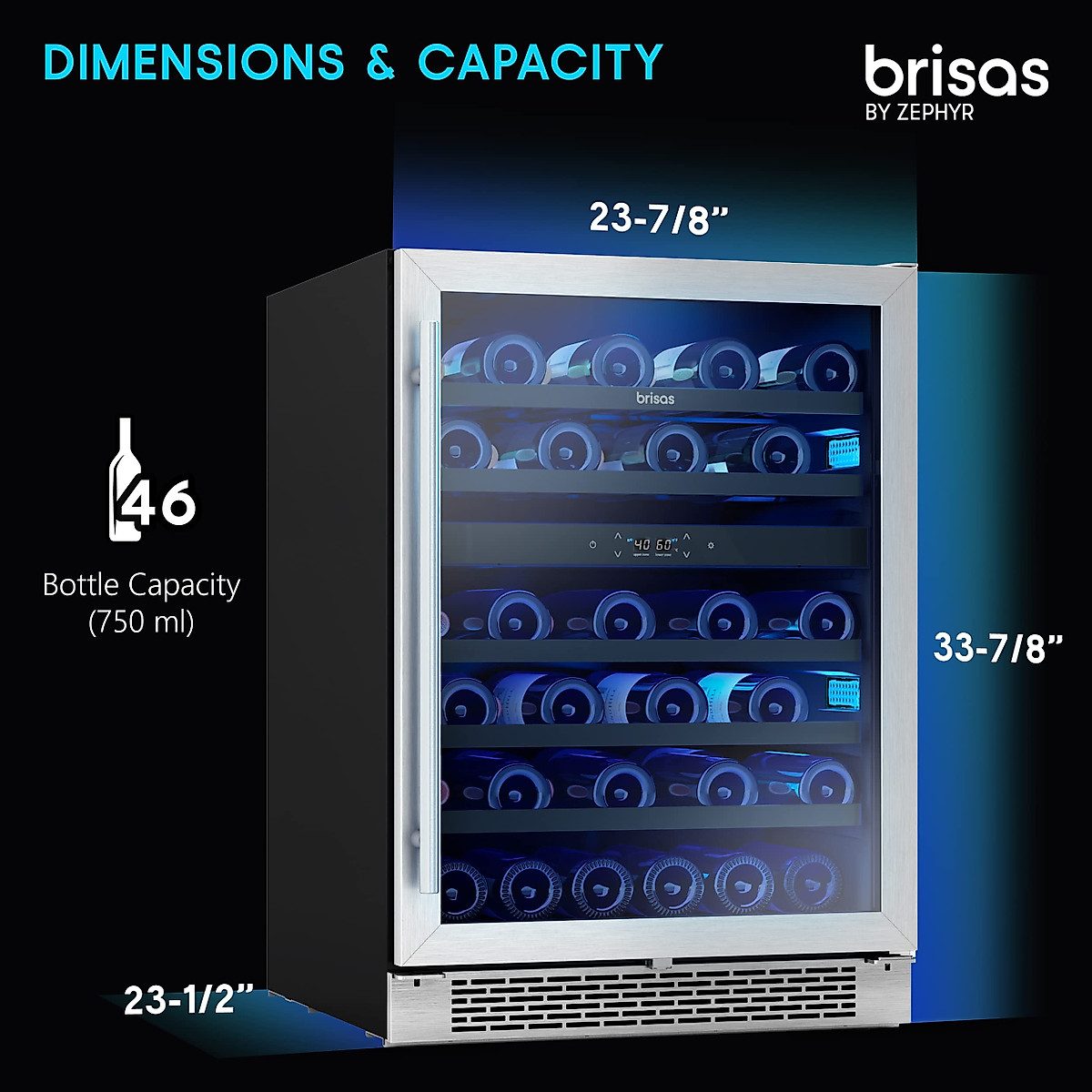 Zephyr Brisas 24 Inch Wine Fridge Dual Zone Under Counter - Low Noise Countertop Wine Cooler Cellars Cabinet Home Bar Freestanding Wine Refrigerator with Glass Door and Temp Control, 46 Bottles
